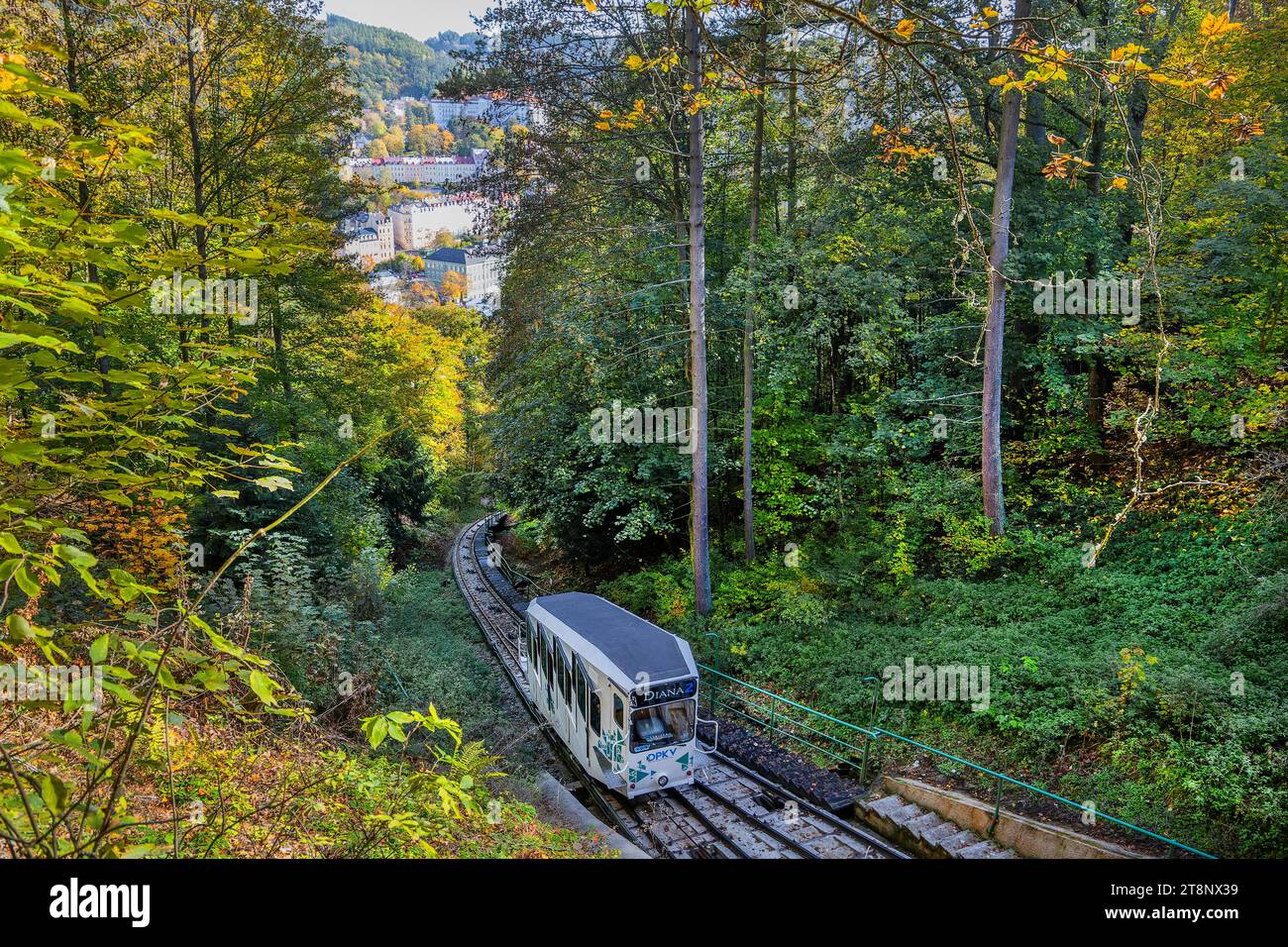 Funicular railway to Diana Hill in autumn, Karlovy Vary, West Bohemian ...