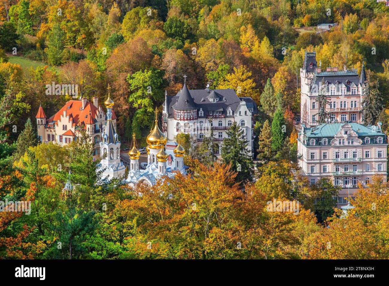 View of the town with the Russian Church in autumn, Karlovy Vary, West ...