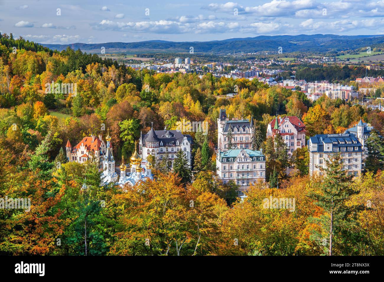 View of the town with the Russian Church in autumn, Karlovy Vary, West ...