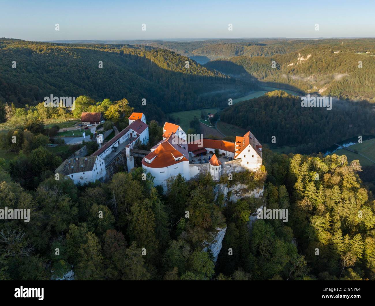 Aerial view of Wildenstein Castle near Leibertingen in the morning sun ...