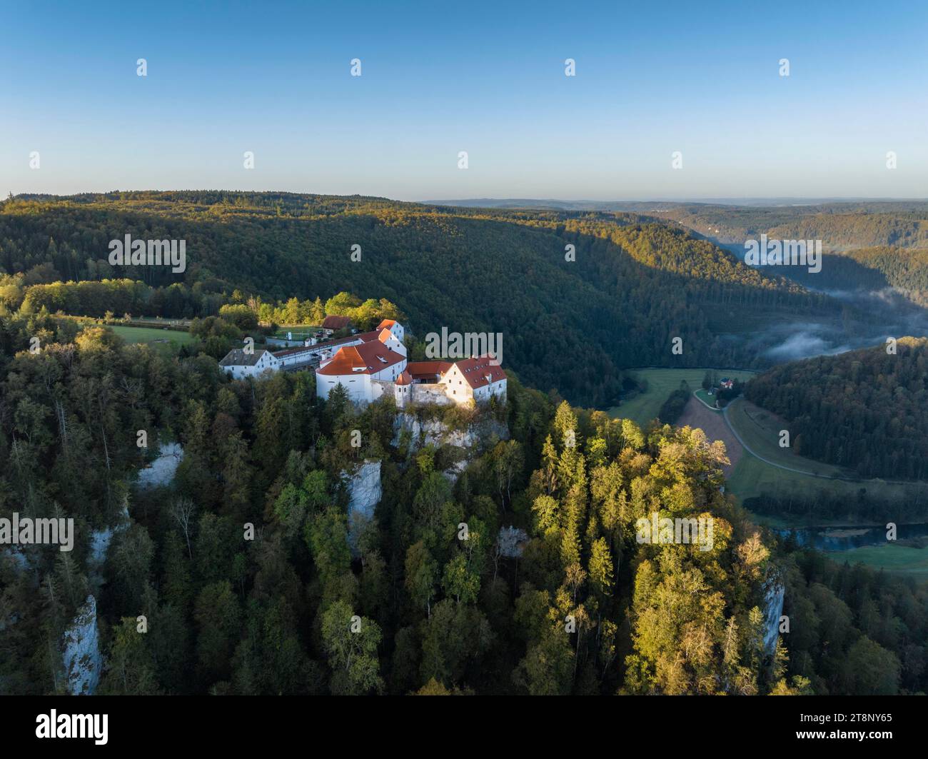 Aerial view of Wildenstein Castle near Leibertingen in the morning sun ...