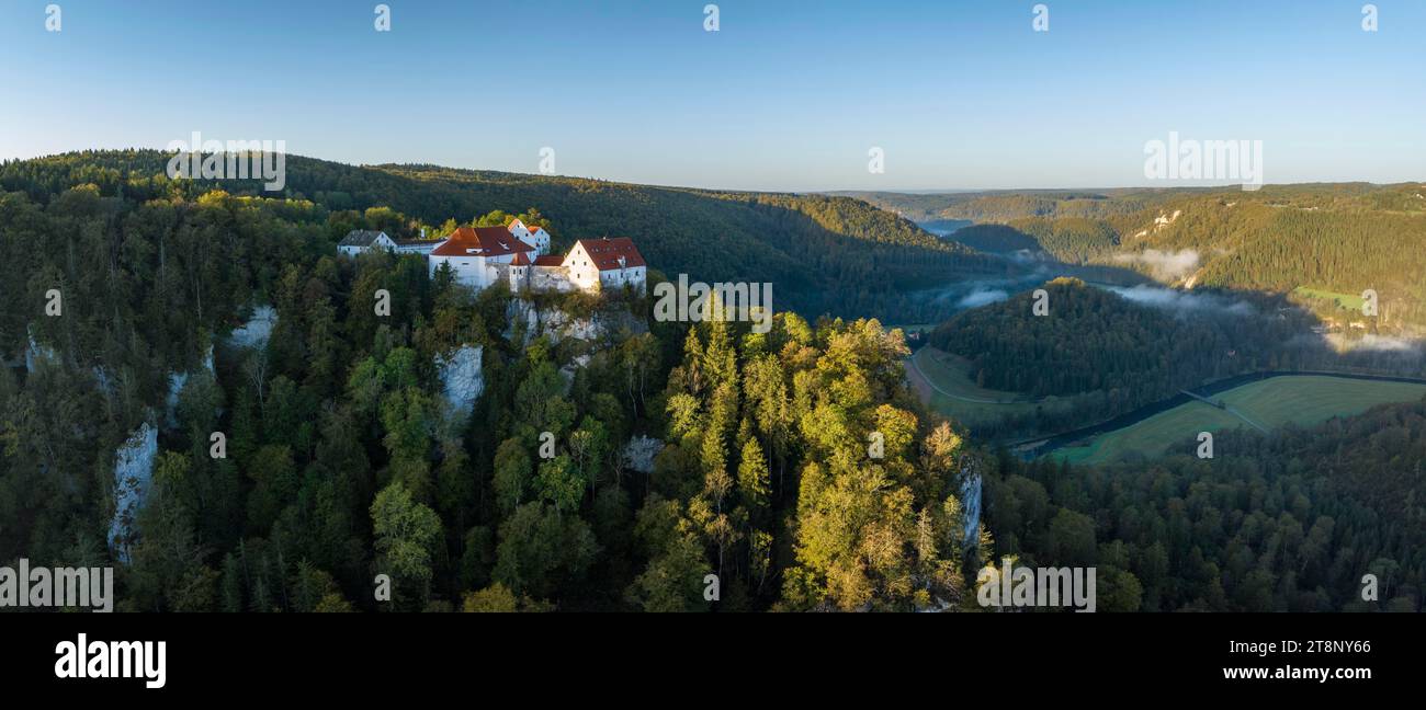 Aerial panorama of Wildenstein Castle near Leibertingen in the morning ...