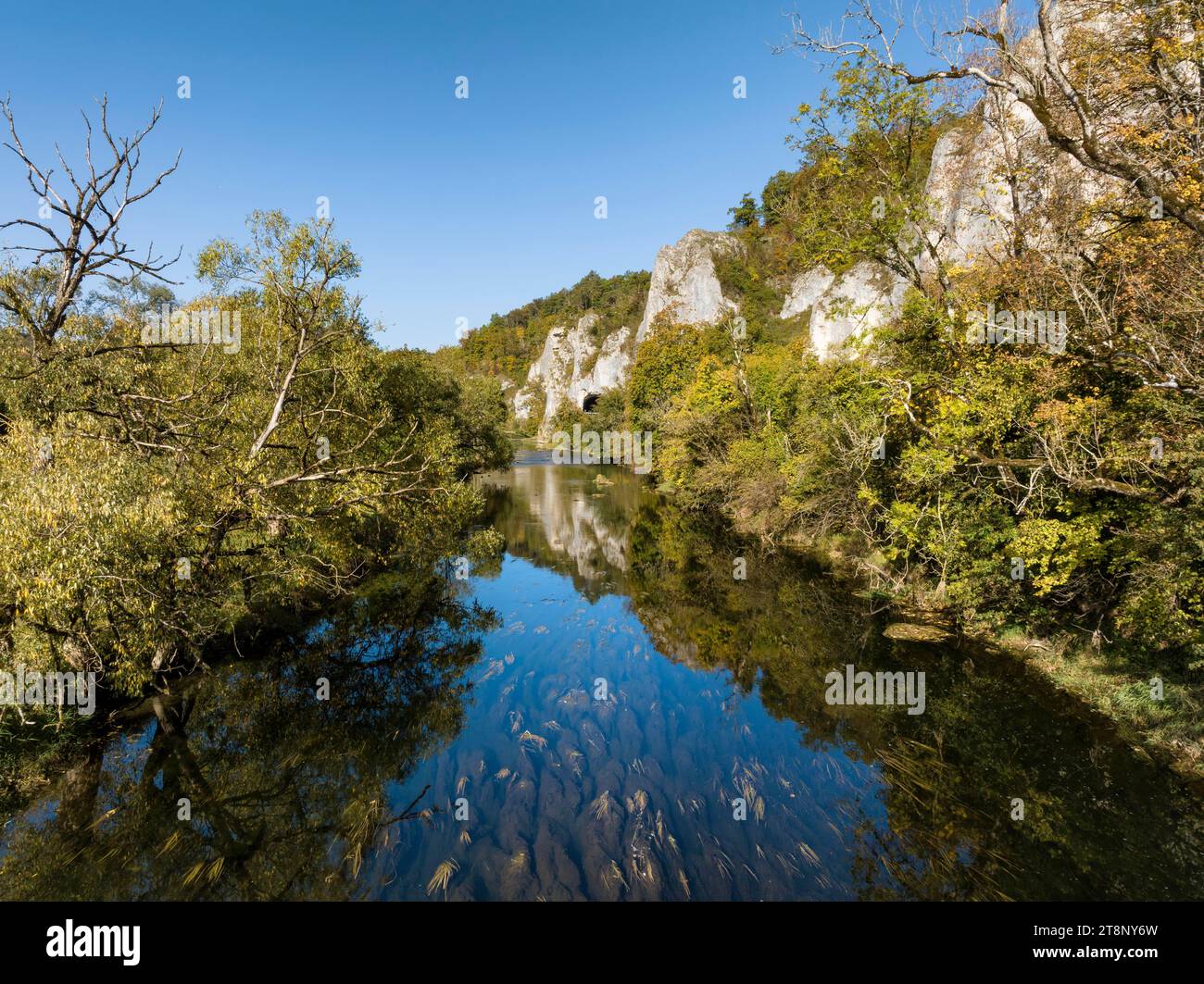 Aerial view, Danube, autumn atmosphere with limestone cliffs in the ... Aerial view, Danube, autumn atmosphere with limestone cliffs in the ...