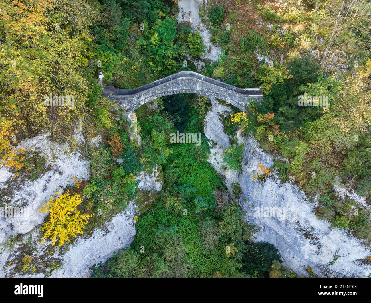 Aerial view of the arch bridge built in 1893, called Teufelsbruecke ...