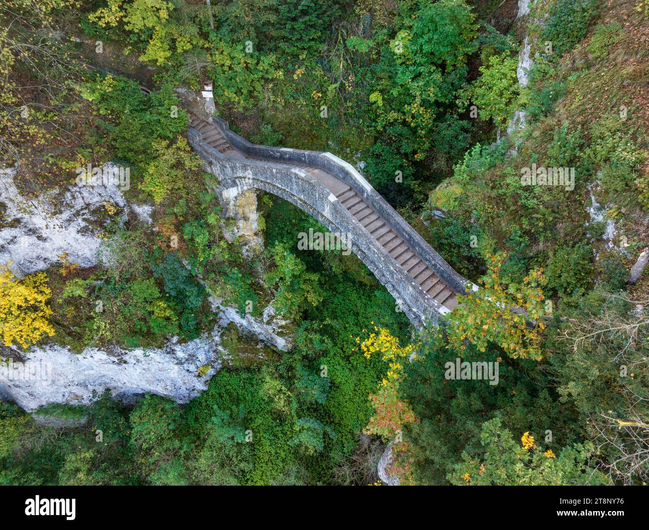 Aerial view of the arch bridge built in 1893, called Teufelsbruecke ...
