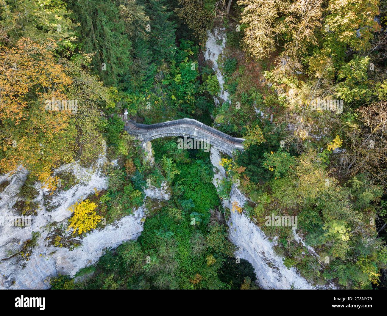 Aerial view of the arch bridge built in 1893, called Teufelsbruecke ...