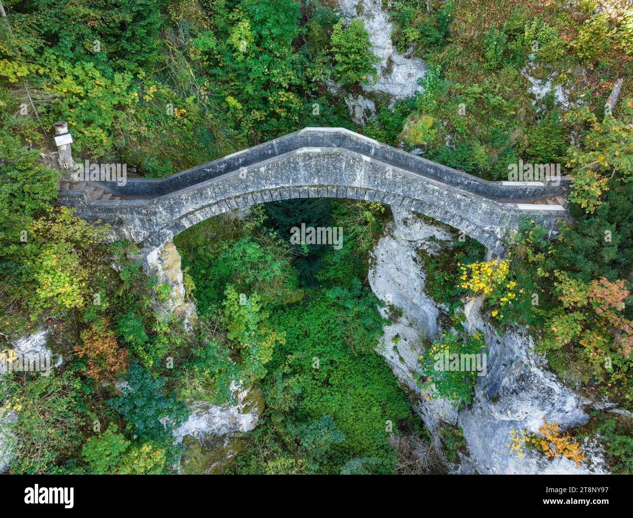 Aerial view of the arch bridge built in 1893, called Teufelsbruecke ...