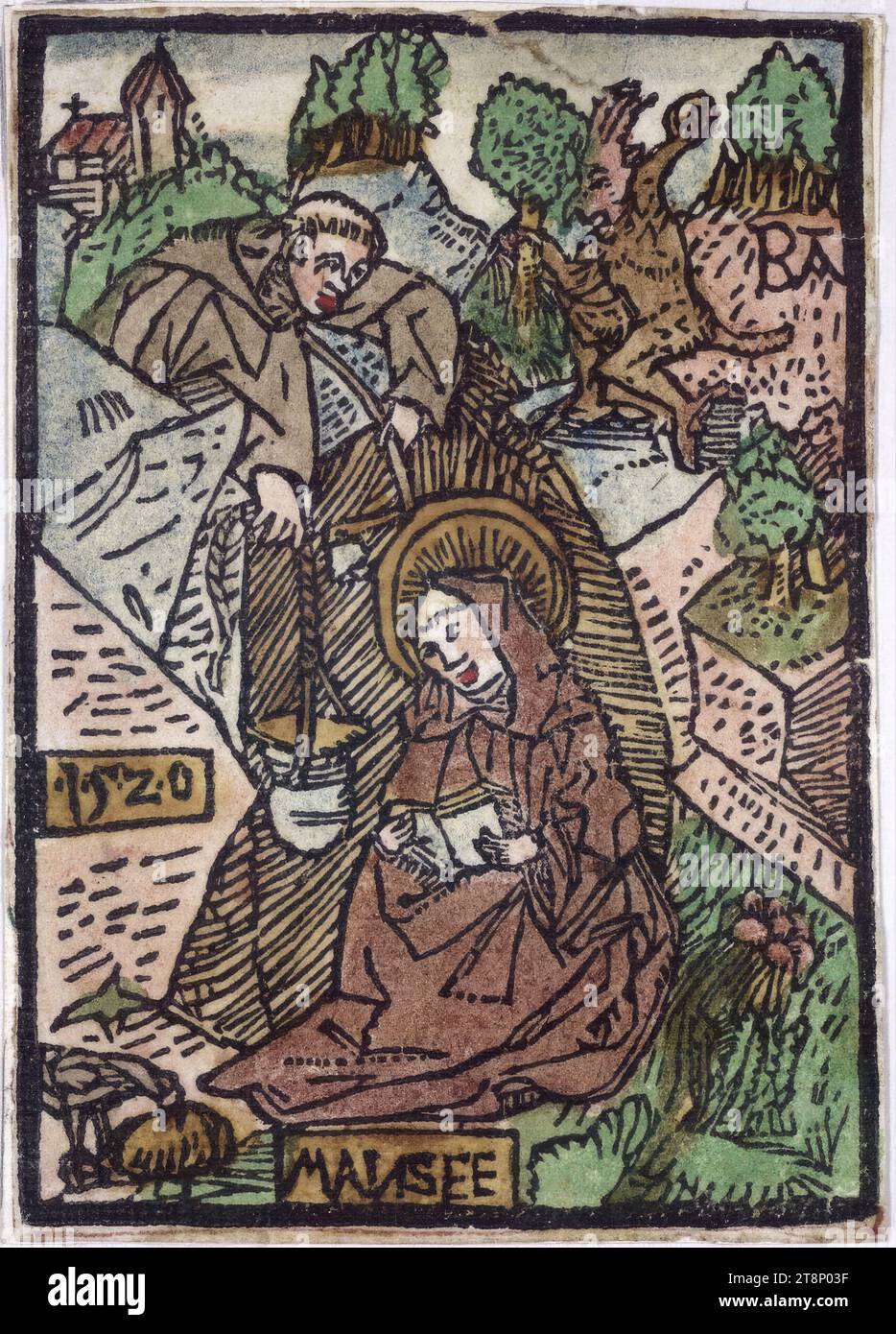 St. Benedict and the monk Romanus, anonymous, 1520, print, woodcut ...