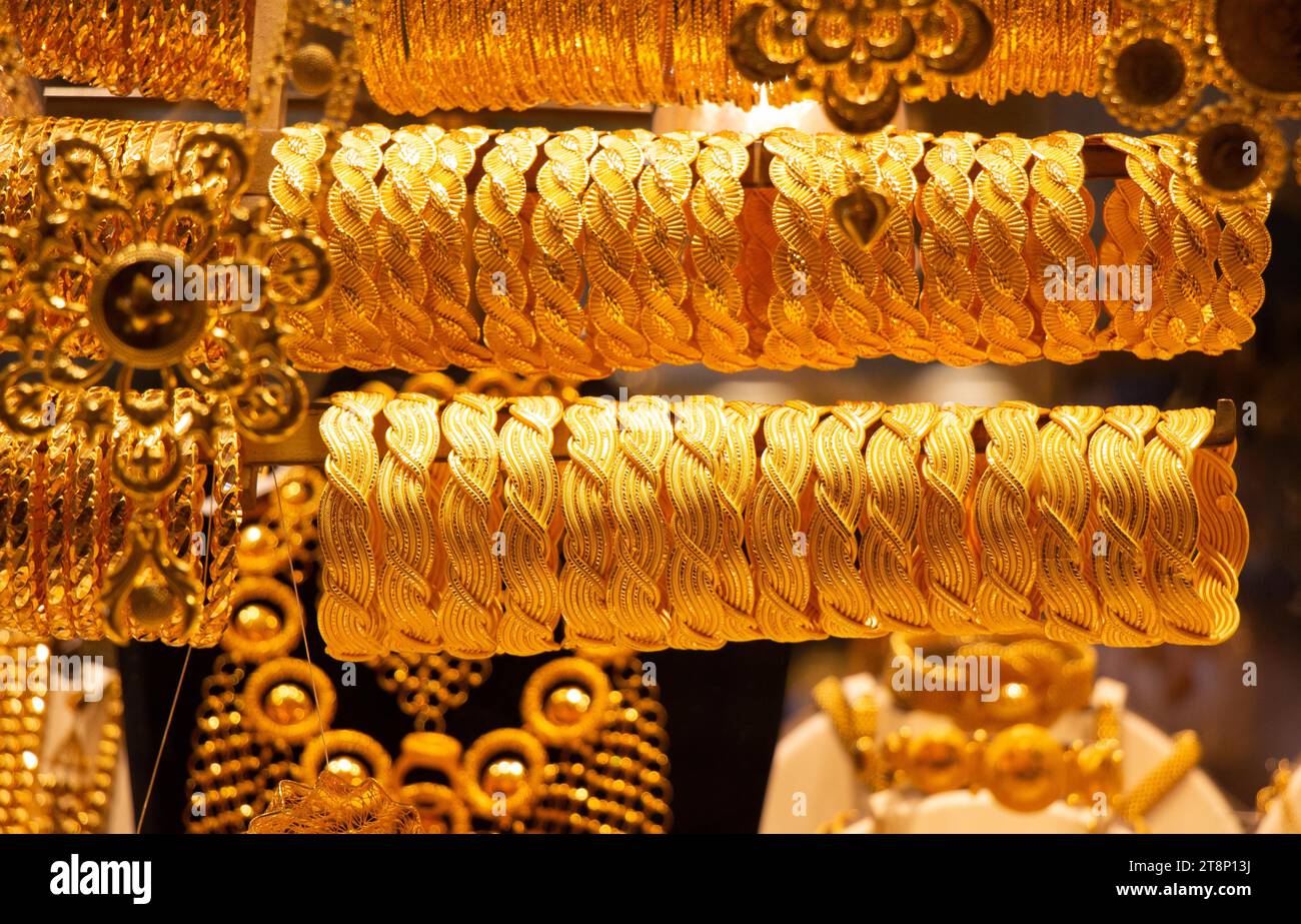 Display of of golden bracelets examples of Turkish jewelry Stock Photo ...