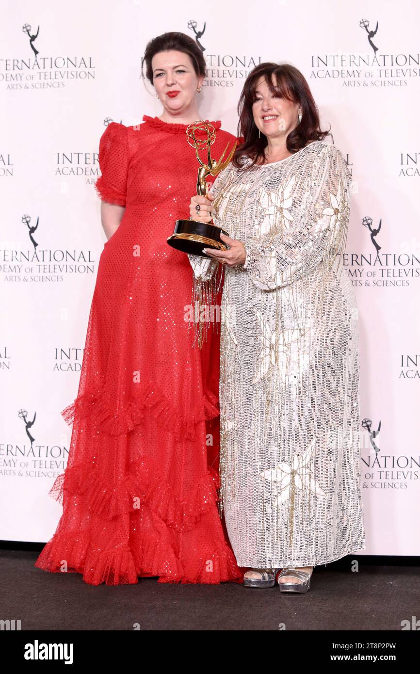 Lisa McGee, left, and Liz Lewin pose in the press room with the Emmy ...