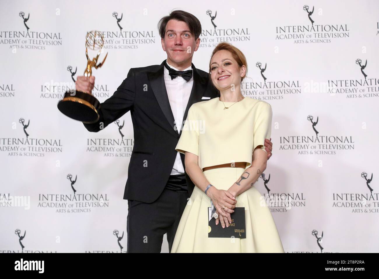 Jochen Laube, left, and Katharina Eyssen pose in the press room with ...