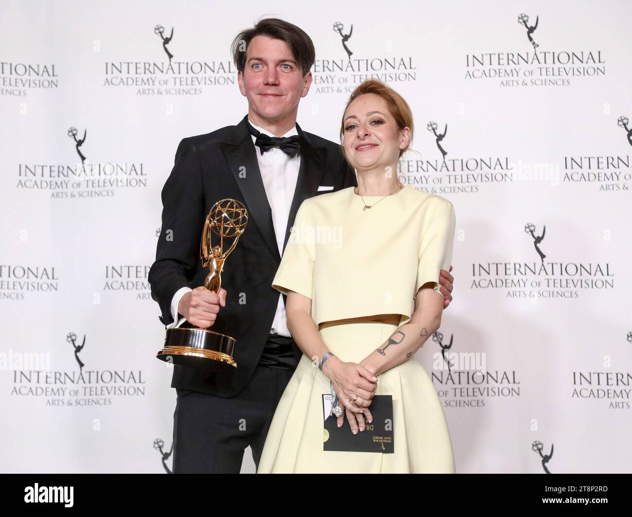 Jochen Laube, left, and Katharina Eyssen pose in the press room with ...