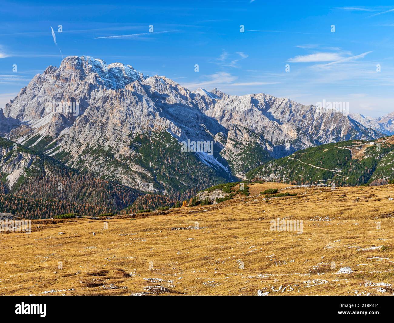 Autumn in the Dolomites, Monte Cristallo, blue sky, Auronzo di Cadore ...