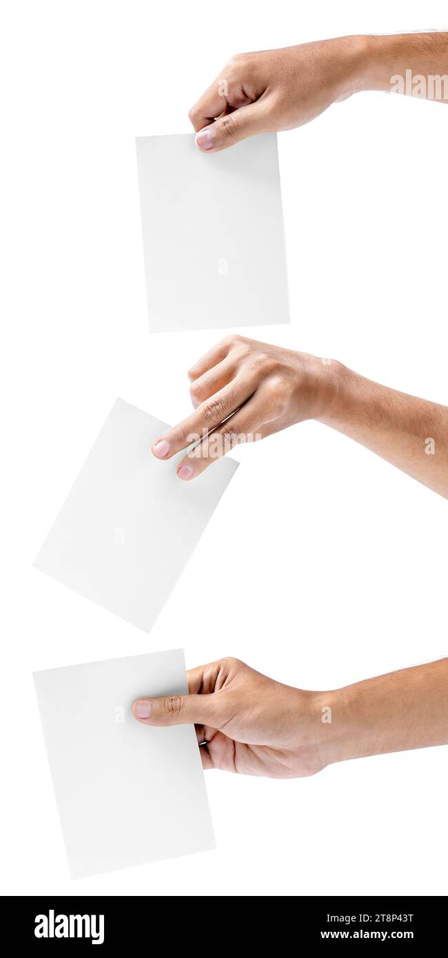 Set of human hand holding ballot paper for election vote isolated over ...