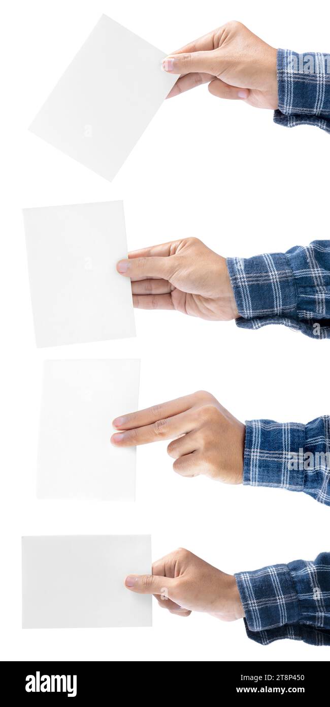 Set of human hand holding ballot paper for election vote isolated over ...