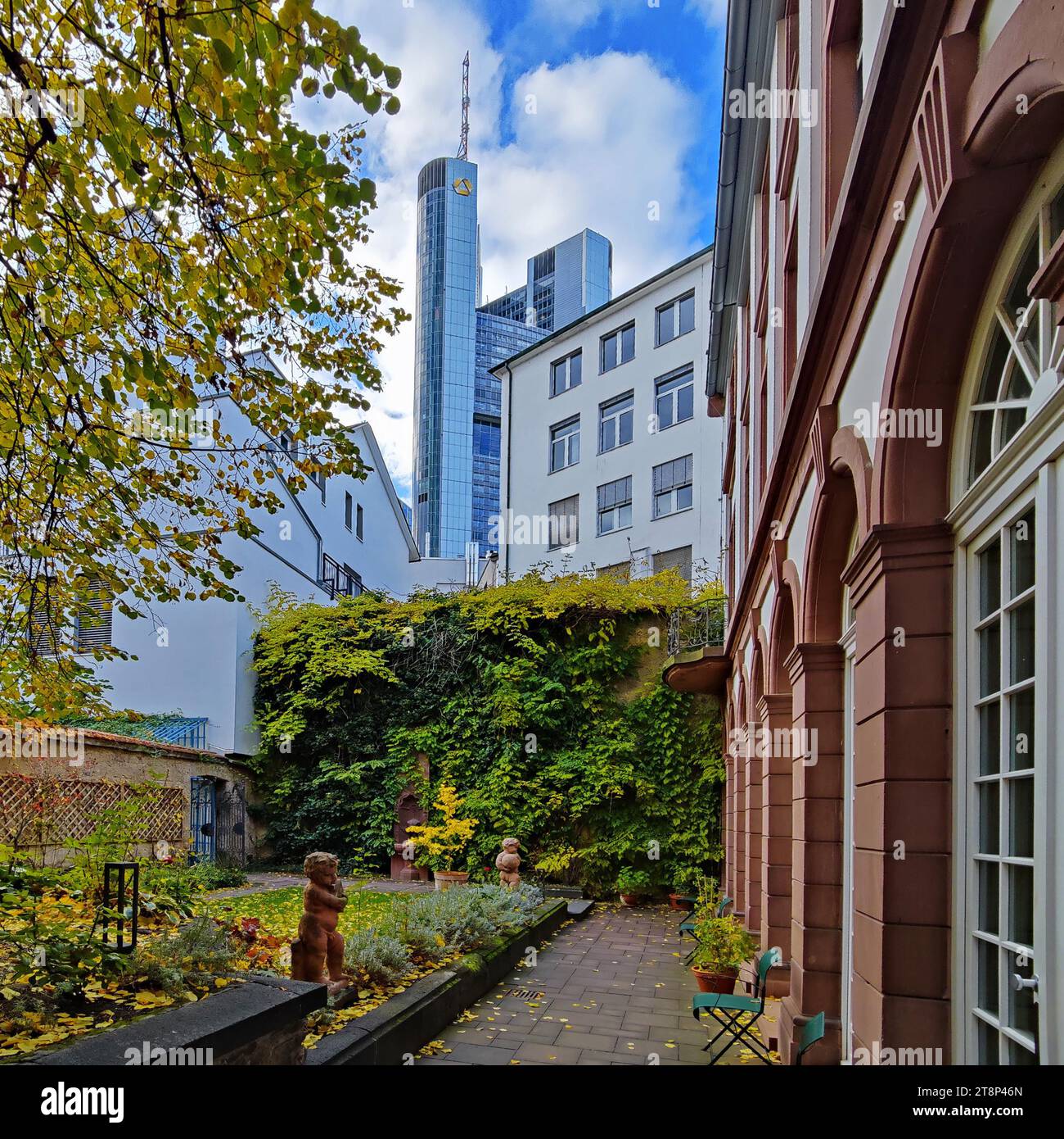 View of the garden of the Goethe House with Commerzbank Tower, Poet's ...