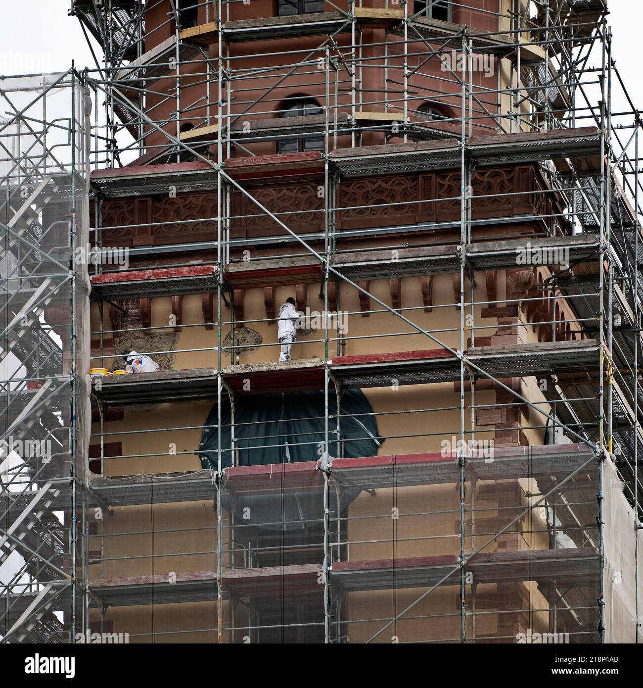 Scaffolded tower of St Catherine's Protestant Church with construction ...