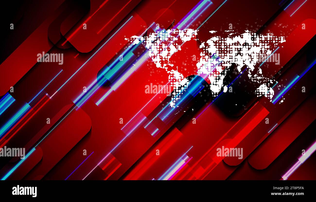 Dark red geometric technology background with dotted world map and neon ...