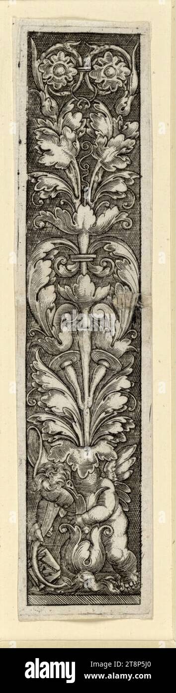 Arabesque with a child with a horn, in front of a black background ...