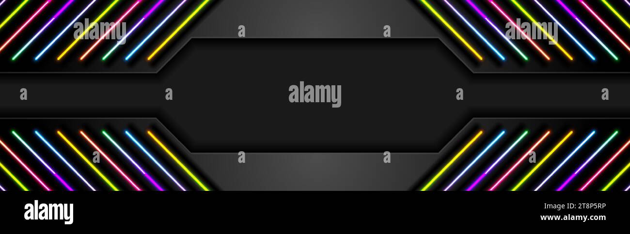 Black tech abstract banner design with colorful neon glowing light ...