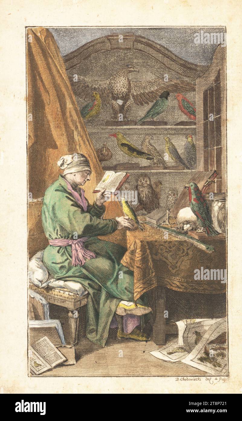 Ornithologist comparing a stuffed bird with an engraving in a book. In ...