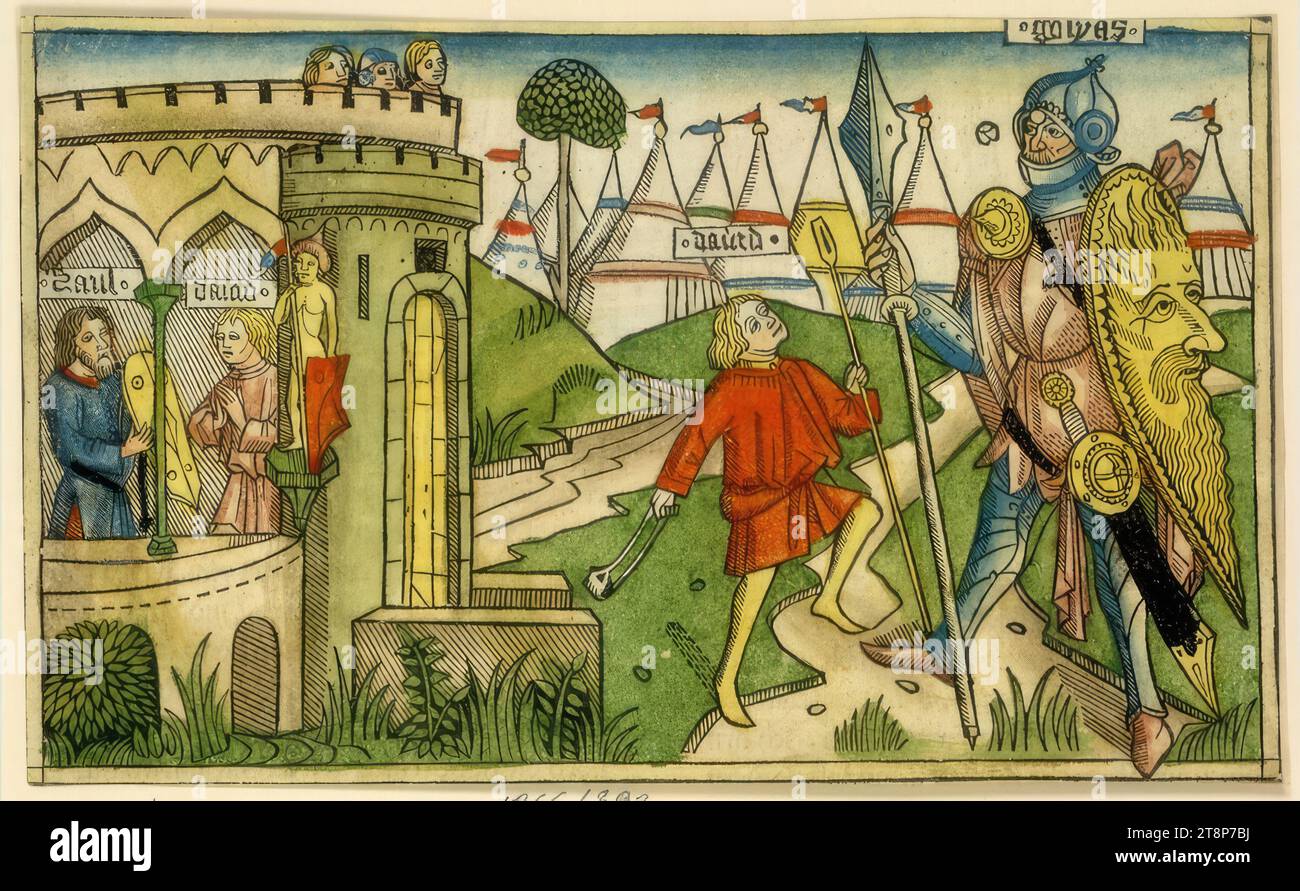 David and Goliath, illustration for the German Bible, Anton Koberger ...