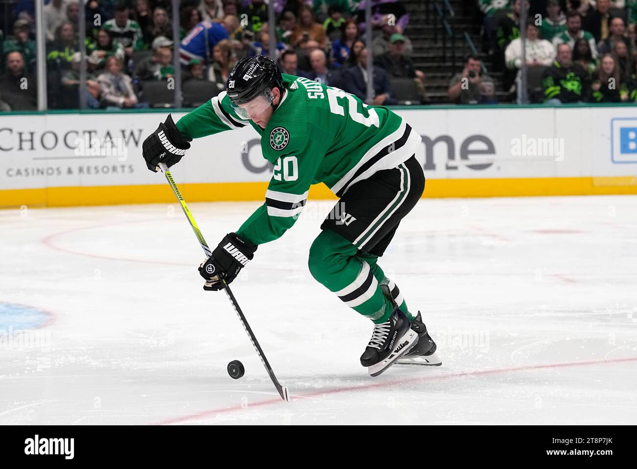 Dallas Stars defenseman Ryan Suter works to control the puck during an ...