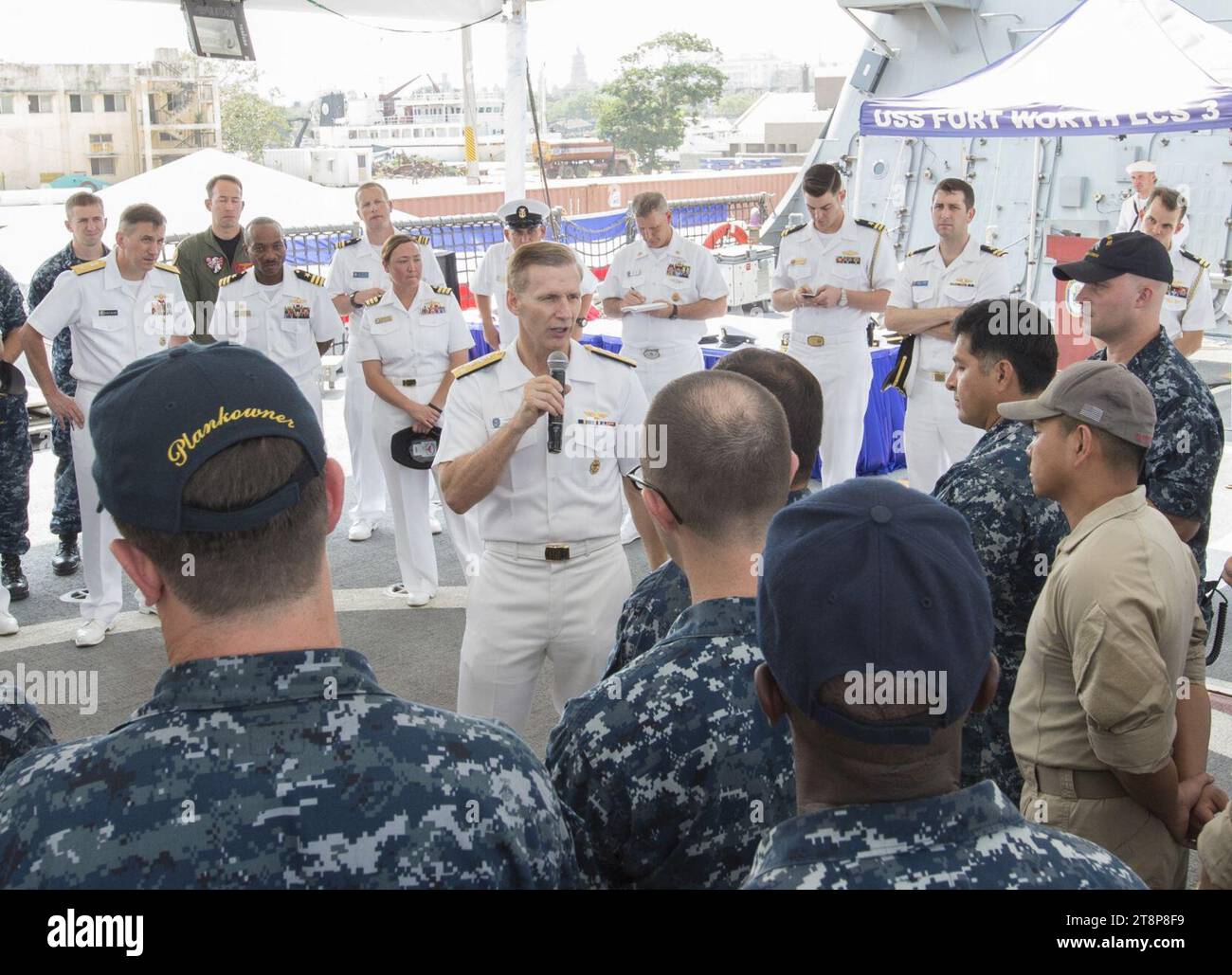 Vice Adm. Joseph Aucoin speaks to Crew 102, assigned to the USS Fort ...