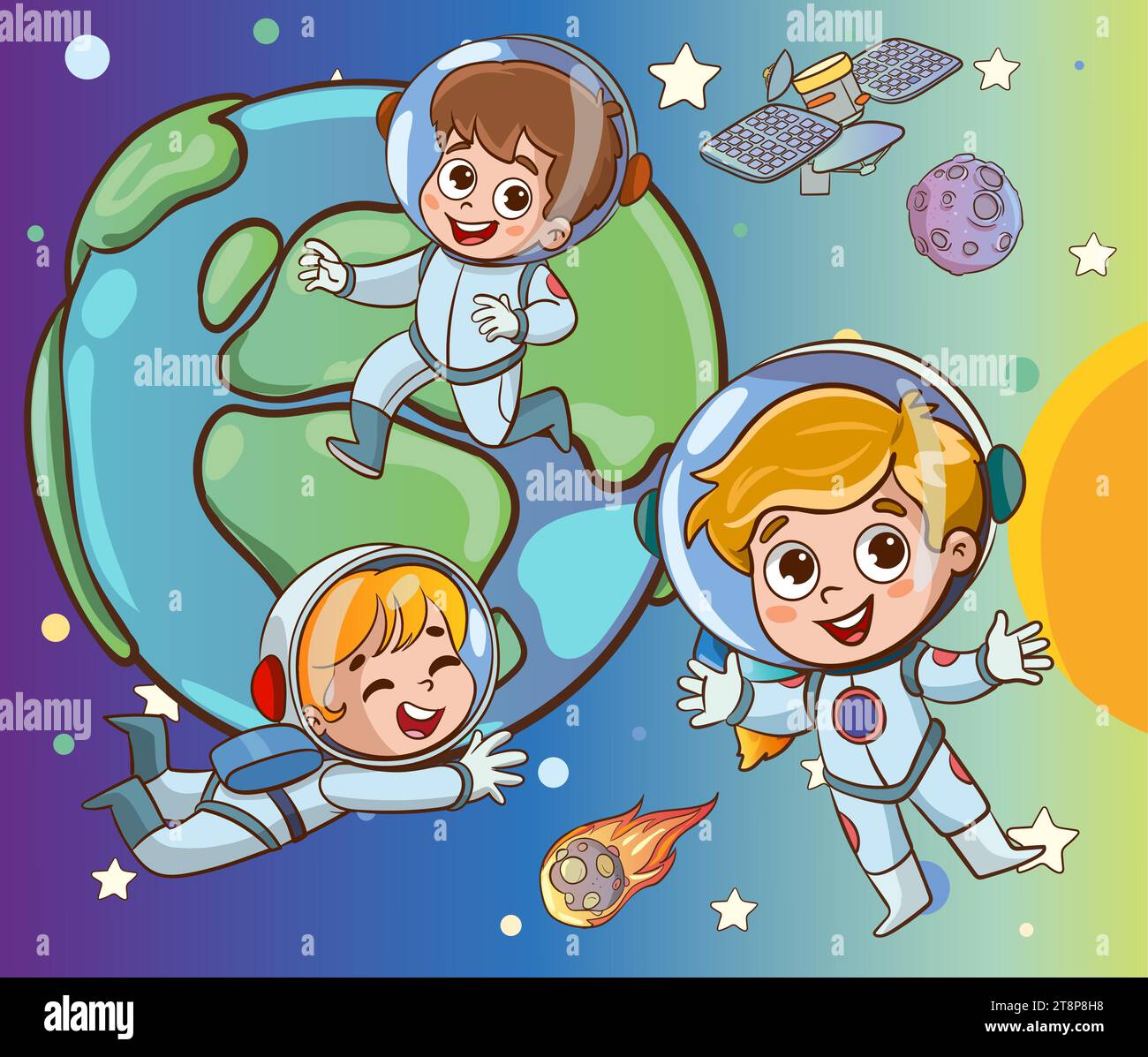 Astronaut kids on the planet. Vector illustration of a cartoon Stock ...