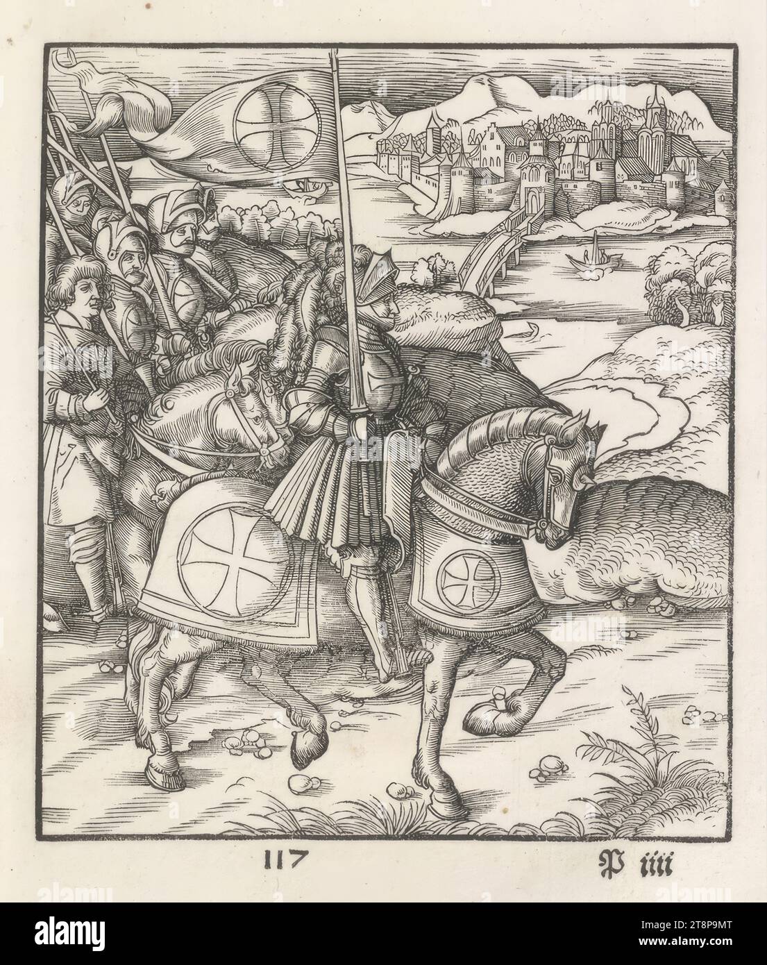 Theuerdank: Image 117 - Theuerdank, as a crusader with a flag, riding ...