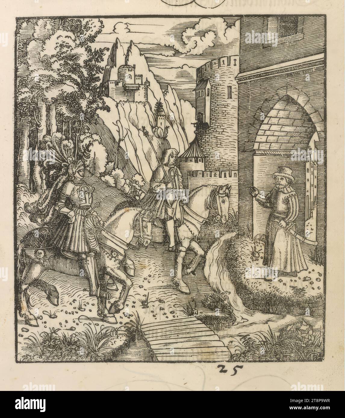 Theuerdank: Image 25 - Theuerdank and Ehrenhold are greeted at a city ...