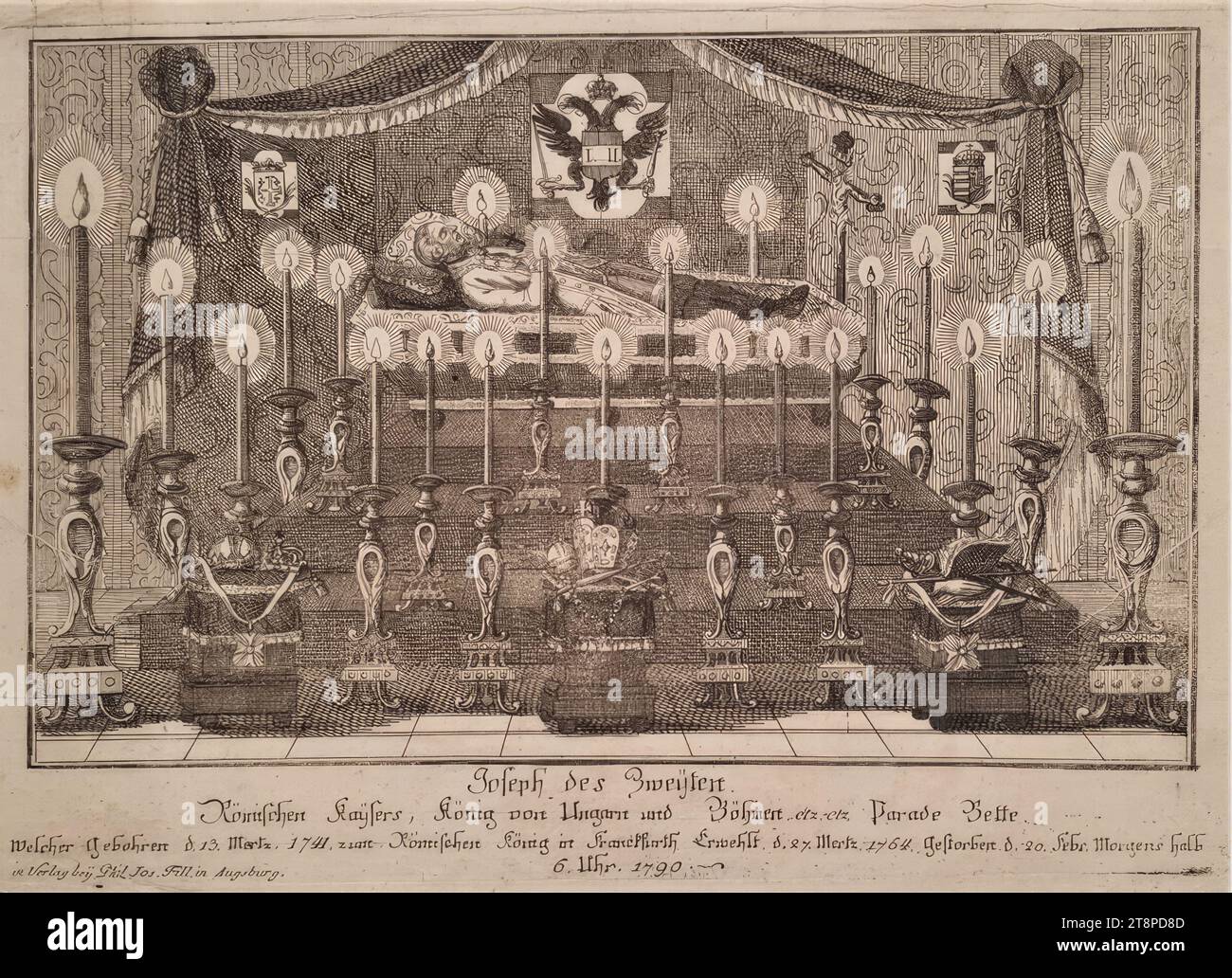 The corpse of Emperor Joseph II on the parade bed, (1790), etching on ...