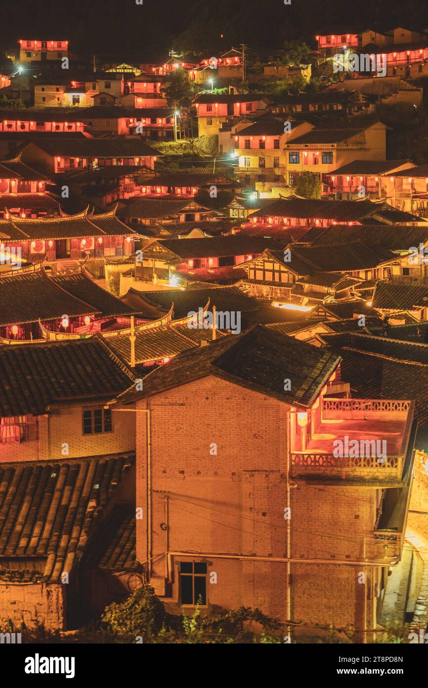 night view of Guifeng(桂峰） ancient village, illuminated by red lantern ...