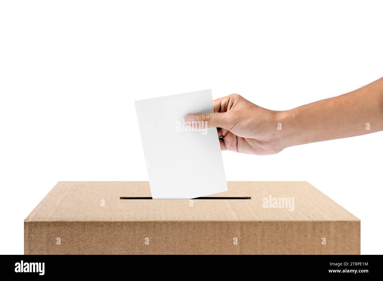 Human hand inserts vote paper into ballot box isolated over white ...
