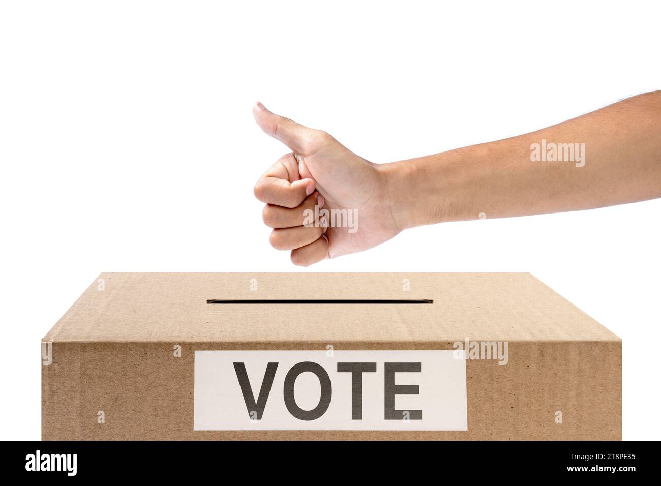 Human hand gesture after inserting vote paper into ballot box isolated ...