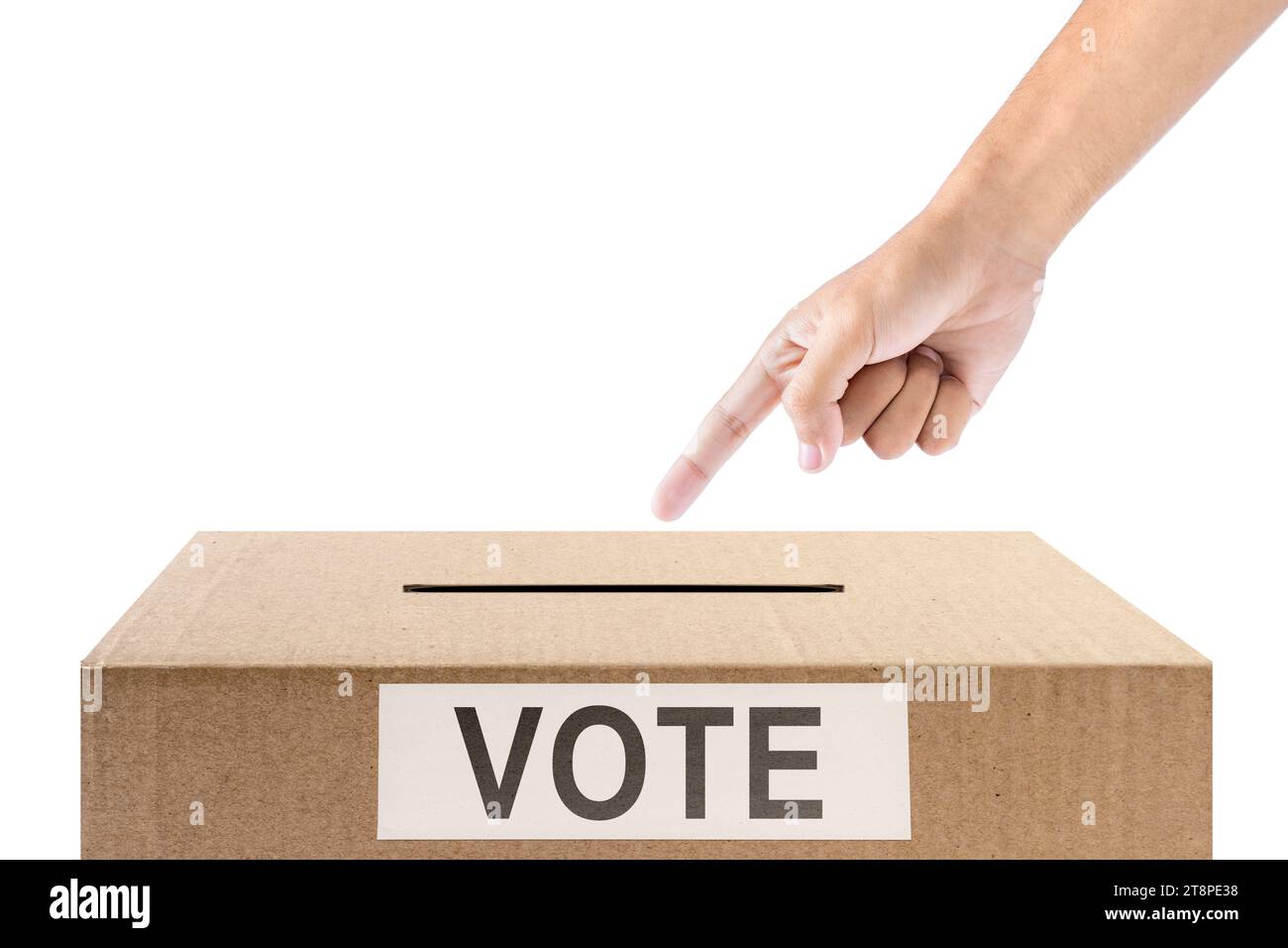 Human hand gesture after inserting vote paper into ballot box isolated ...