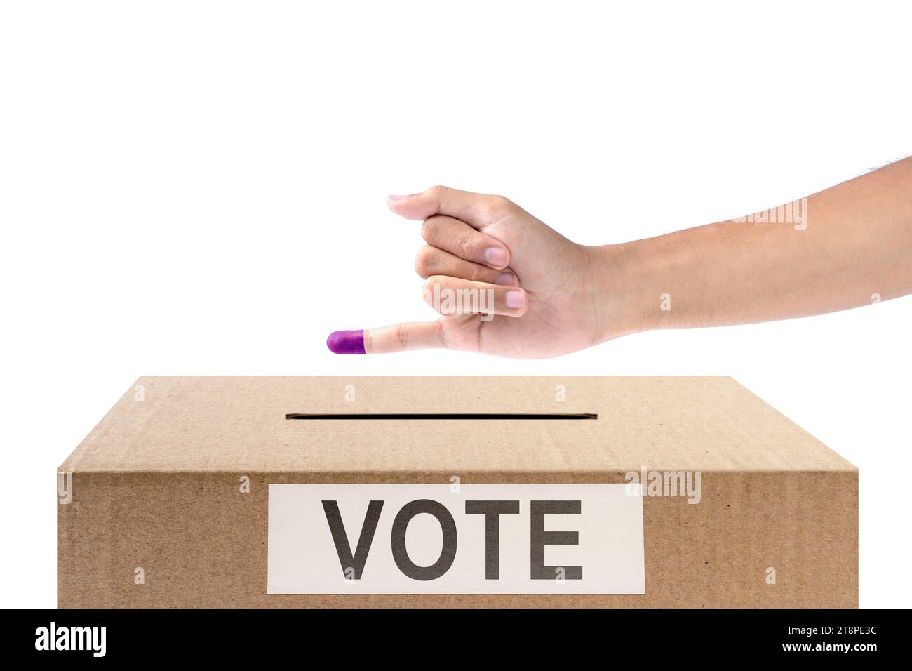 Human hand gesture after inserting vote paper into ballot box isolated ...