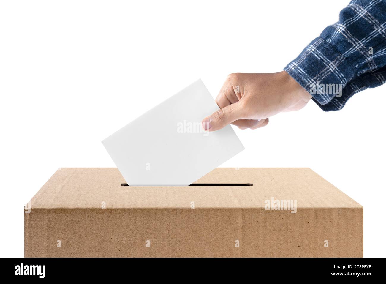 Human hand inserts vote paper into ballot box isolated over white ...
