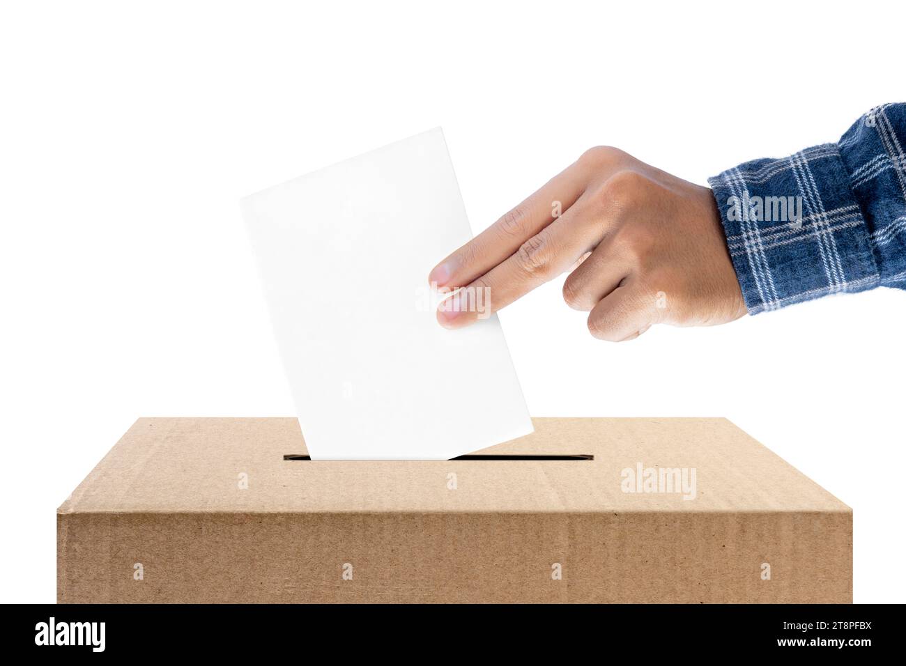 Human hand inserts vote paper into ballot box isolated over white ...
