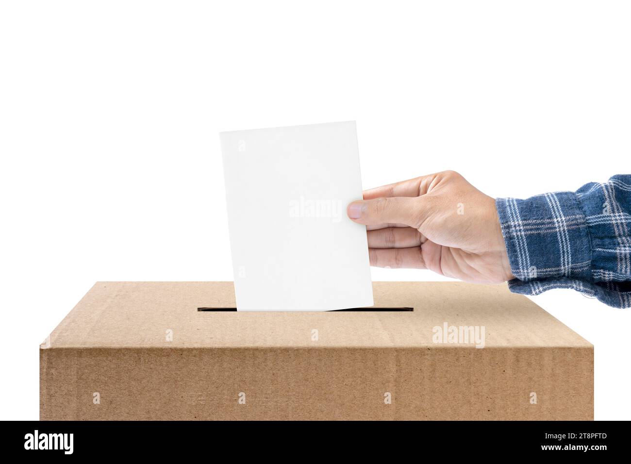 Human hand inserts vote paper into ballot box isolated over white ...