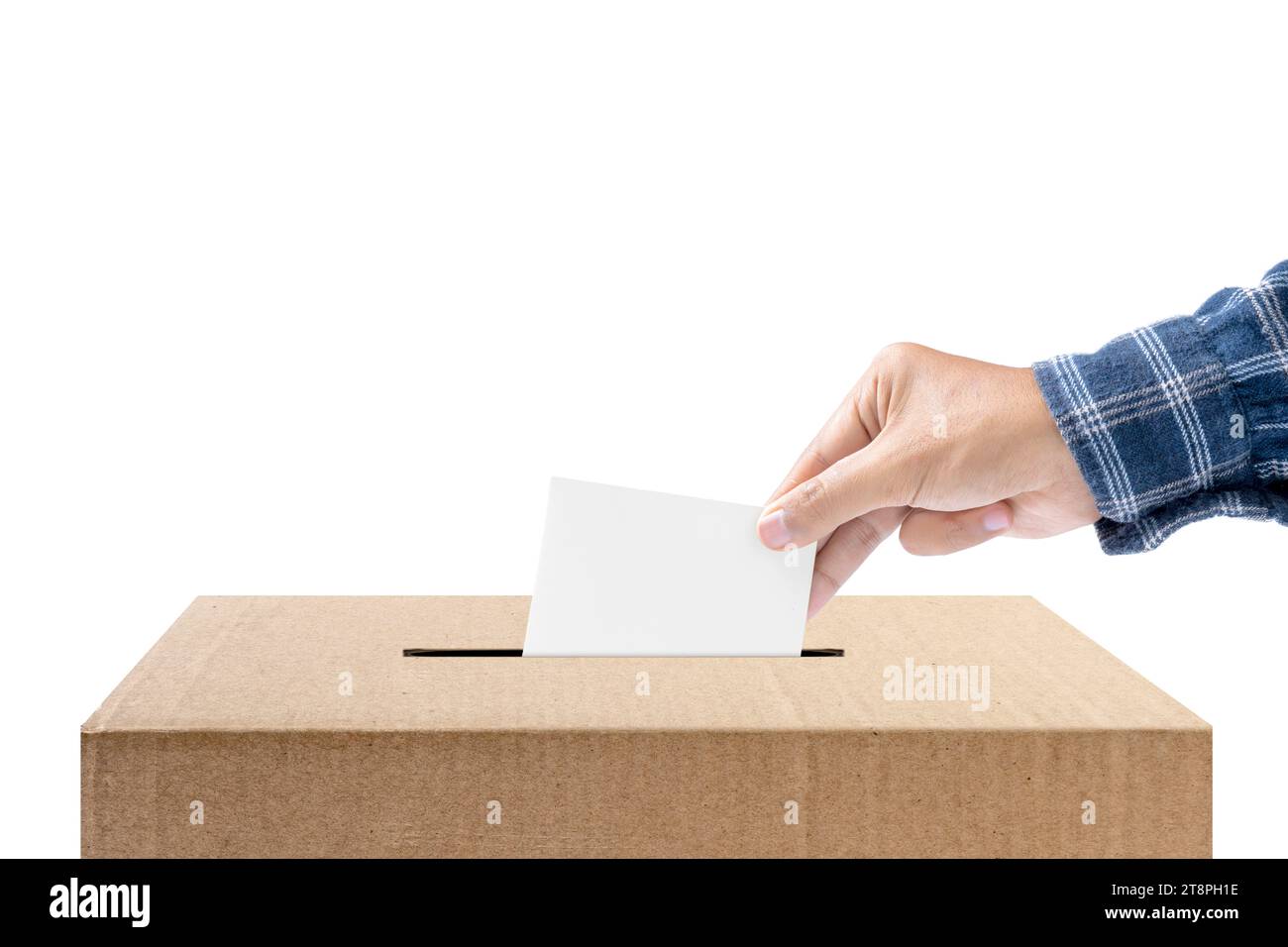Human hand inserts vote paper into ballot box isolated over white ...