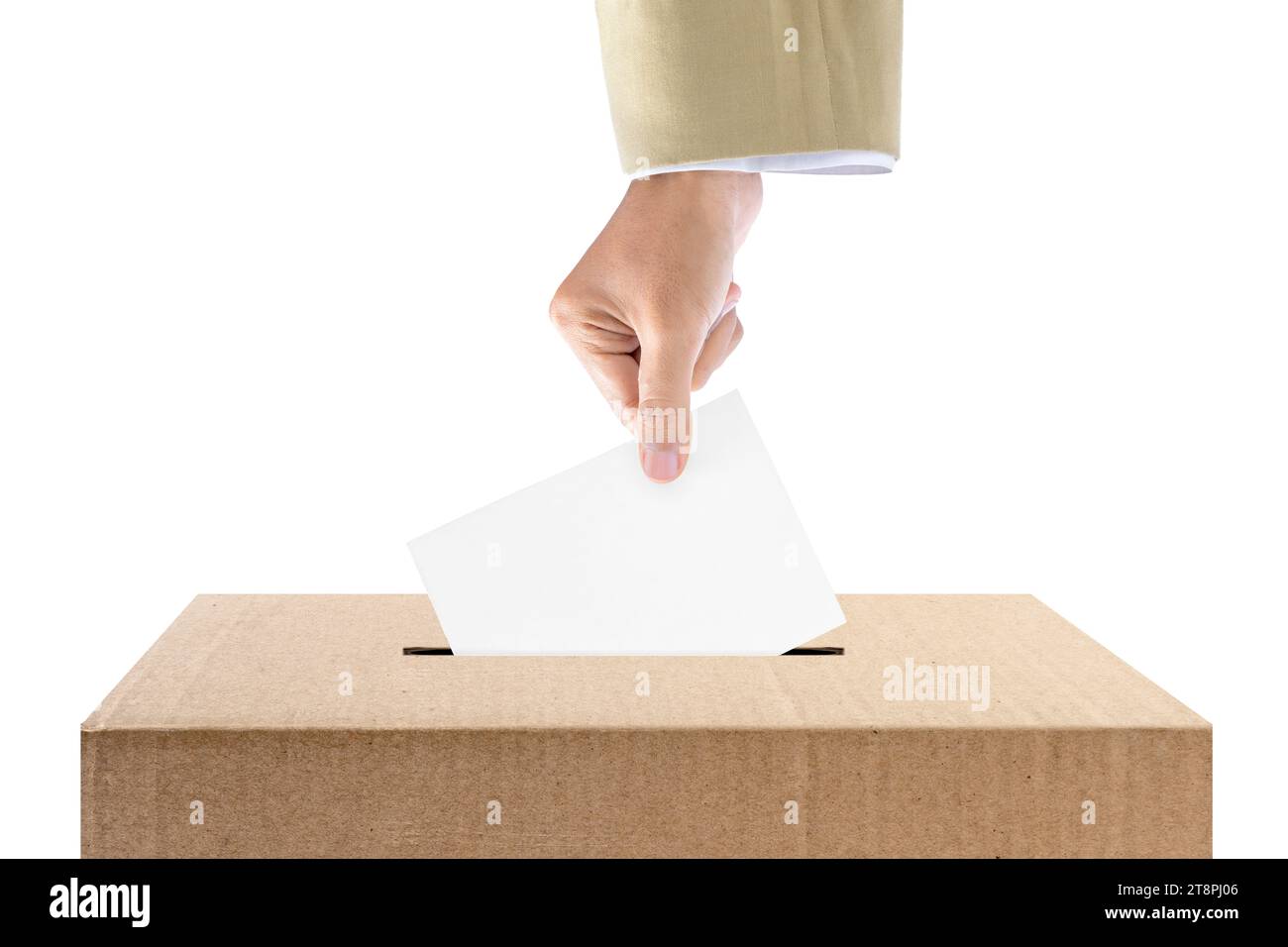 Human hand inserts vote paper into ballot box isolated over white ...