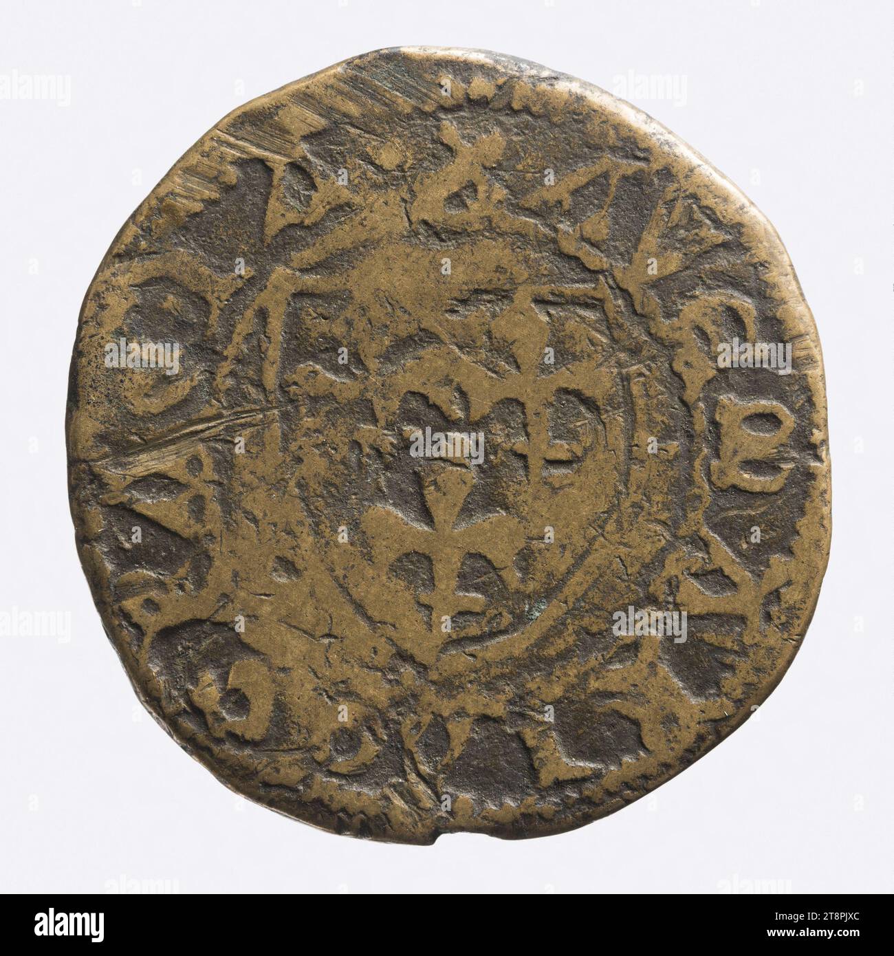 Counting token with fleur-de-lys shield and cross, XIIIth-XVth century ...