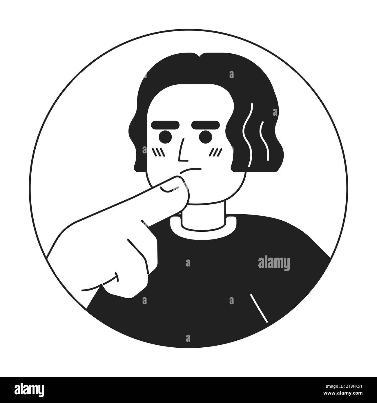 Korean young adult man touching chin black and white 2D vector avatar ...