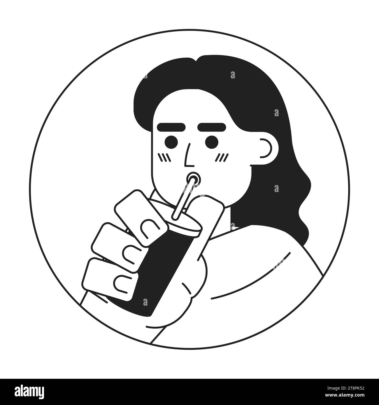 Wavy Hair Indian Girl Sipping Straw Black And White 2d Vector Avatar Illustration Stock Vector