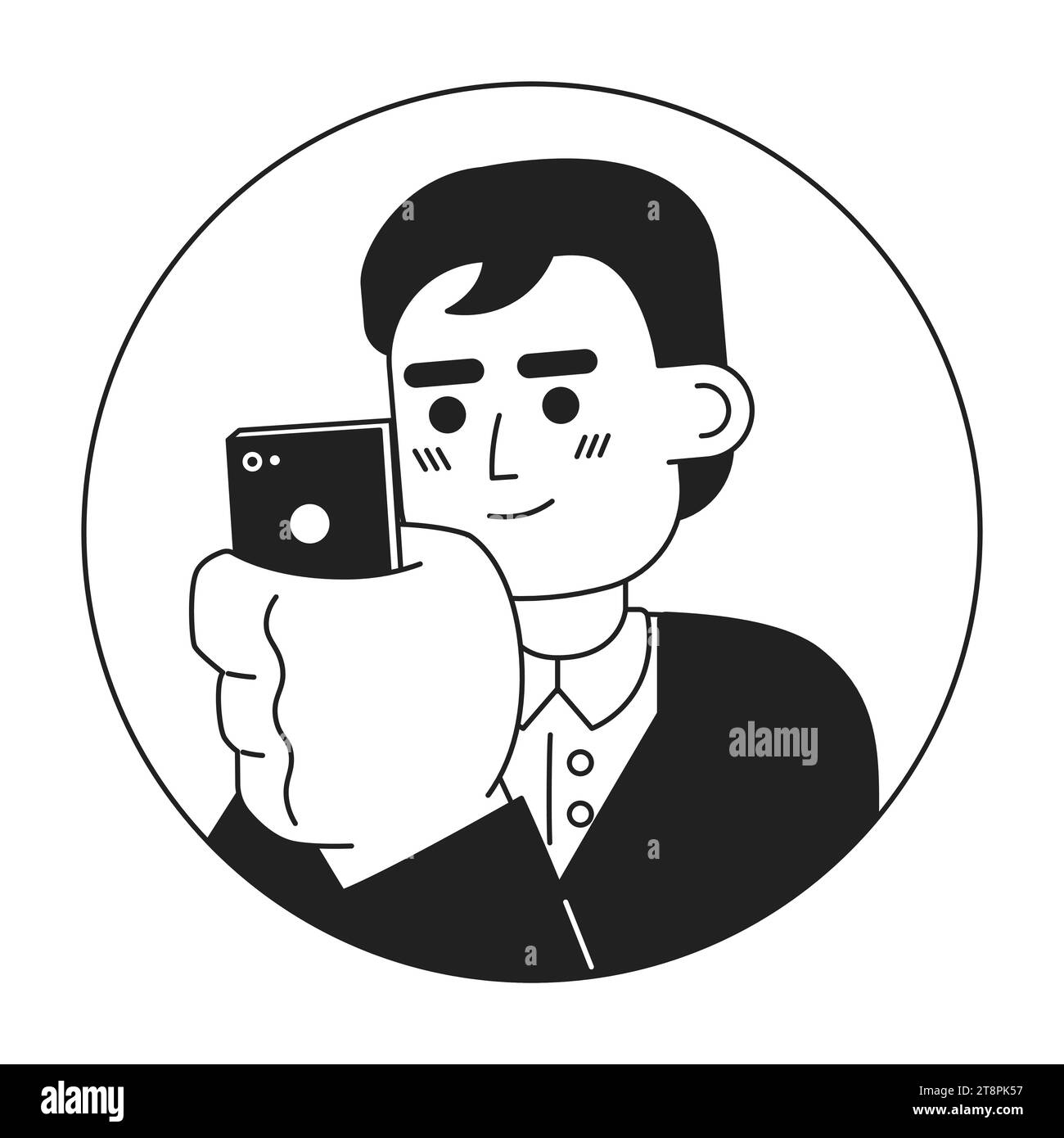 Dyed Hair Asian Adult Man Looking At Phone Black And White 2d Vector Avatar Illustration Stock