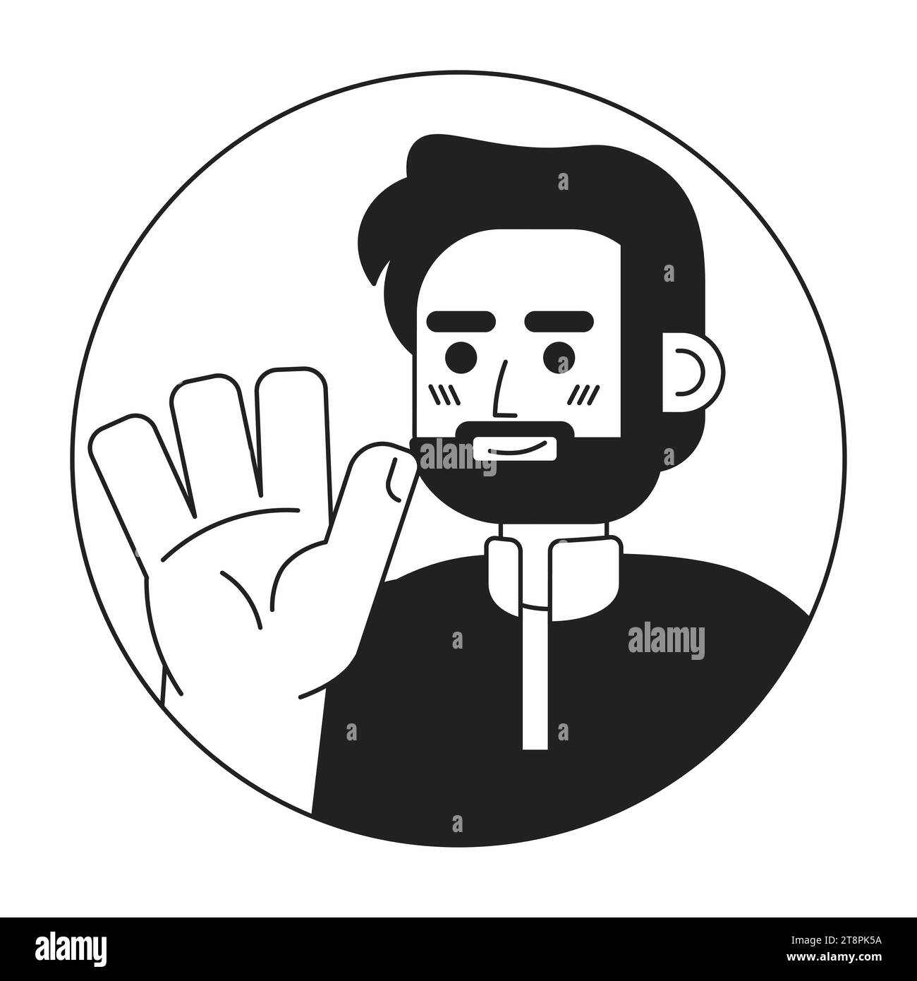 Indian bearded senior man waving hand greeting black and white 2D ...