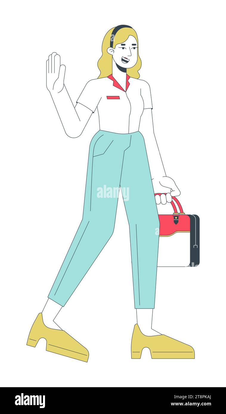 Happy office worker female leaving office 2D linear cartoon character ...