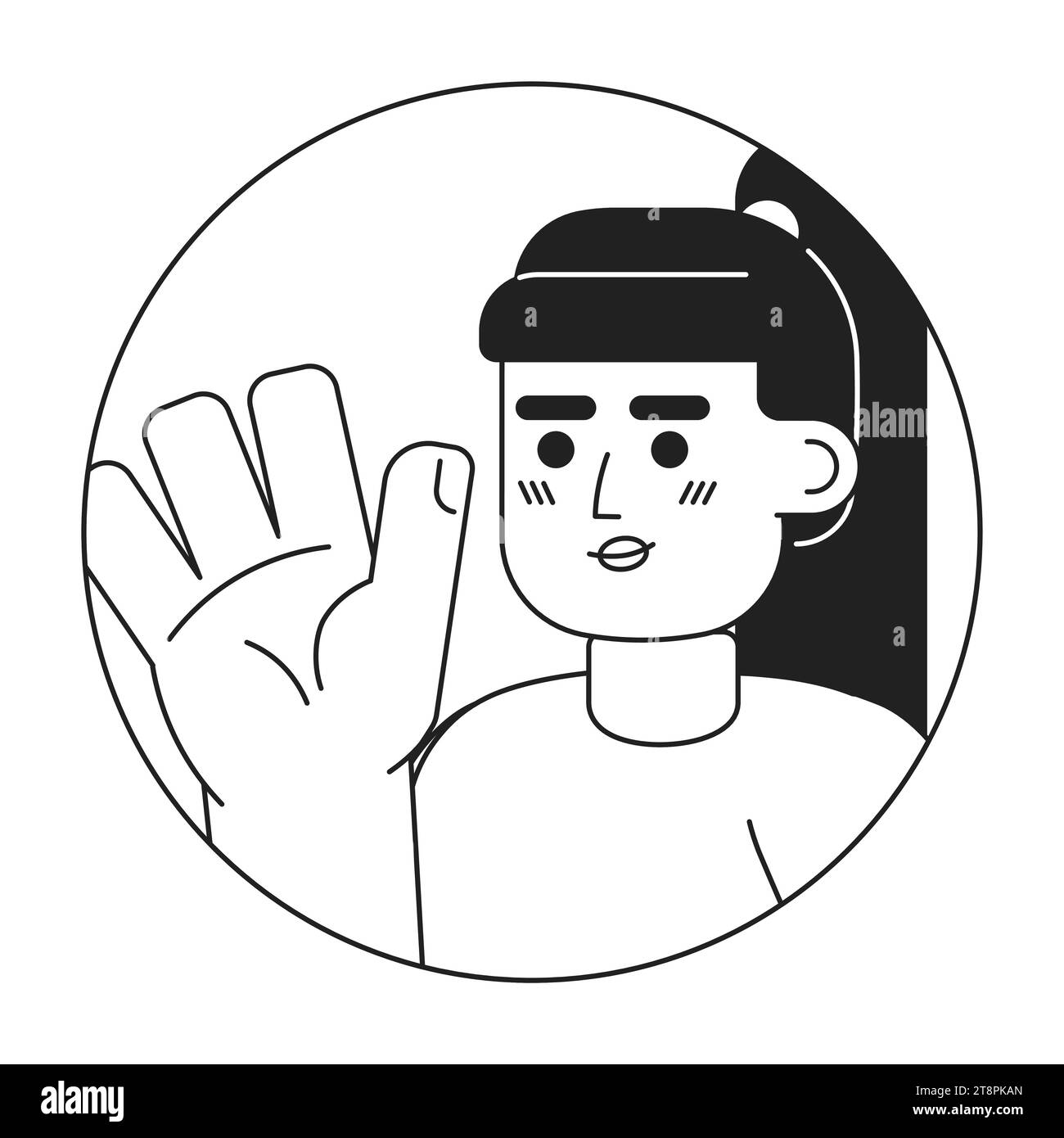 Ponytail asian woman saying hi hello black and white 2D vector avatar ...