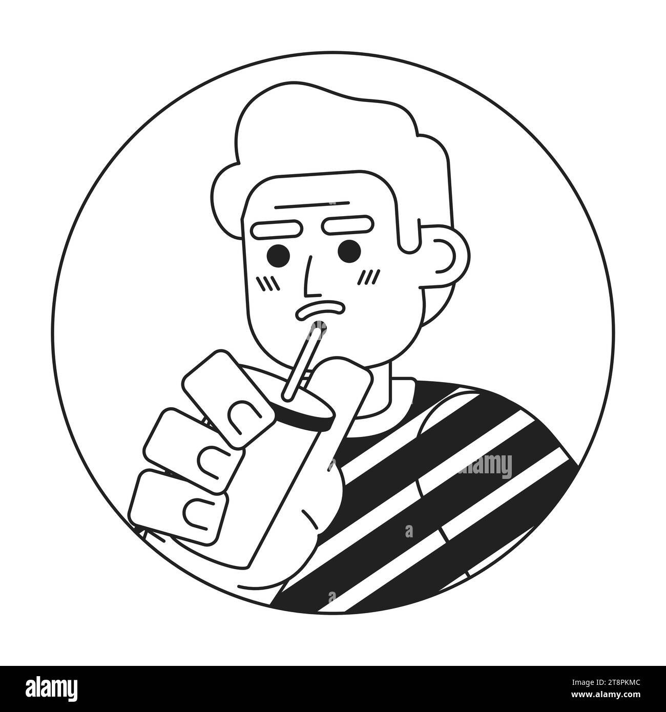 Gray haired old man drinking through straw black and white 2D vector ...